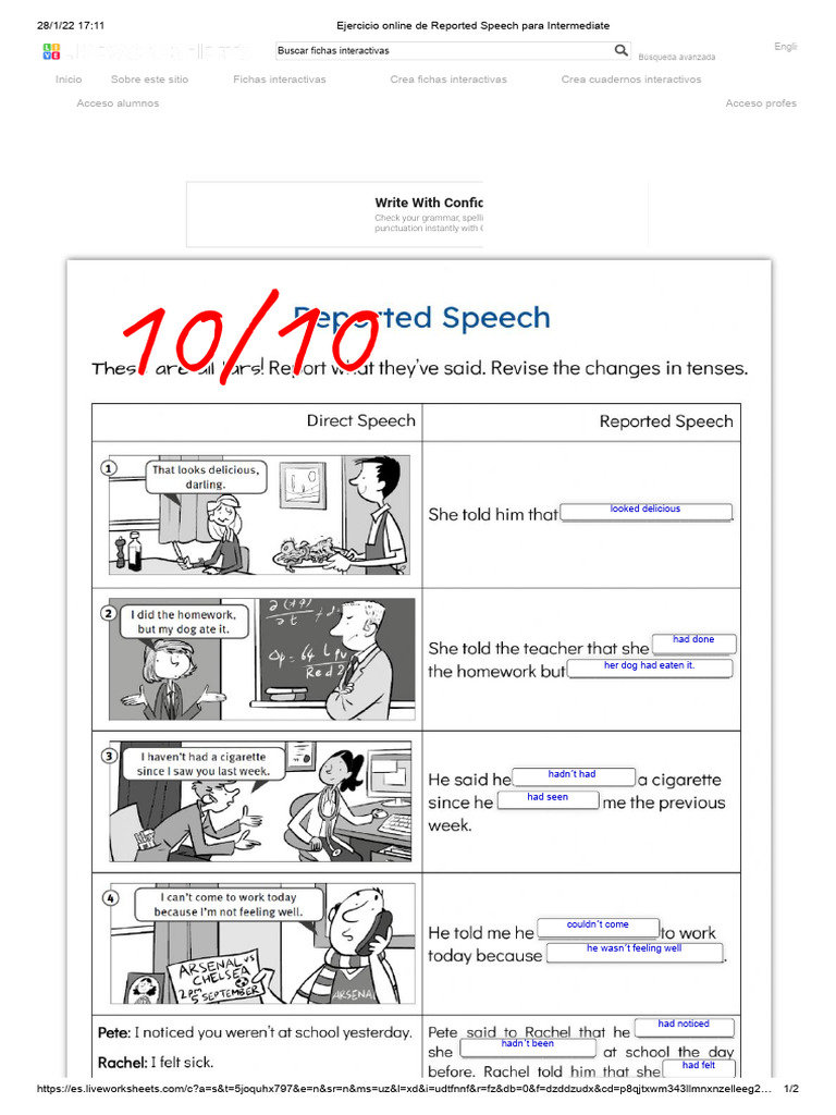Ejercicio Online de Reported Speech para Intermediate | PDF