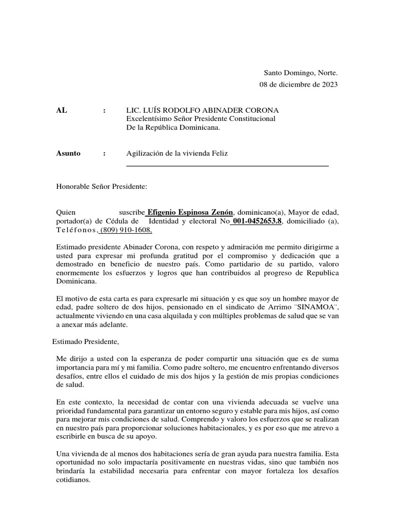 Solicitud de vivienda al presidente Abinader | PDF | República Dominicana