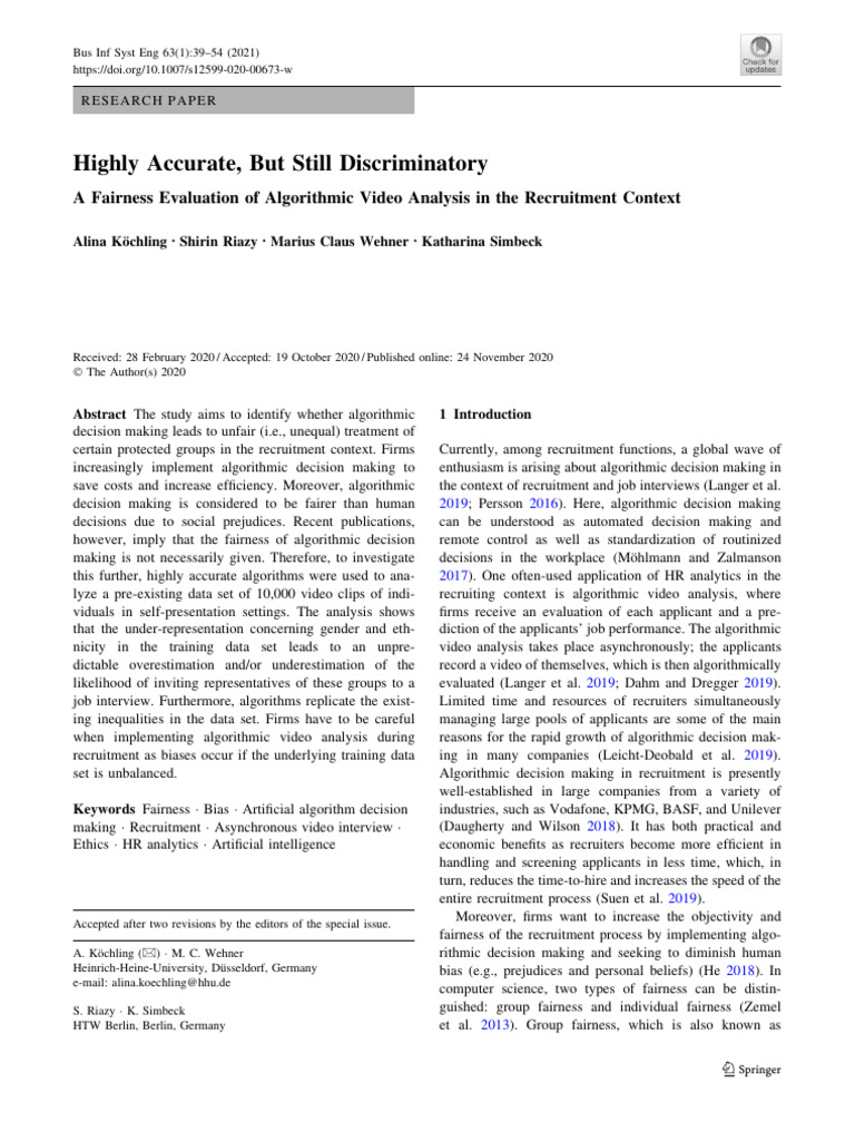 A Fairness Evaluation of Algorithmic Video Analysis in The Recruitment Context | PDF | Accuracy ...
