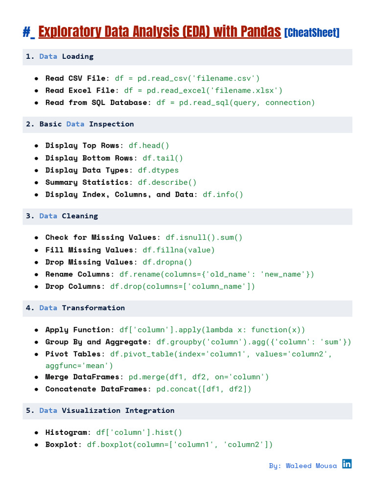 Exploratory Data Analysis (Eda) With Pandas: (Cheatsheet) | PDF | Json | Software Engineering