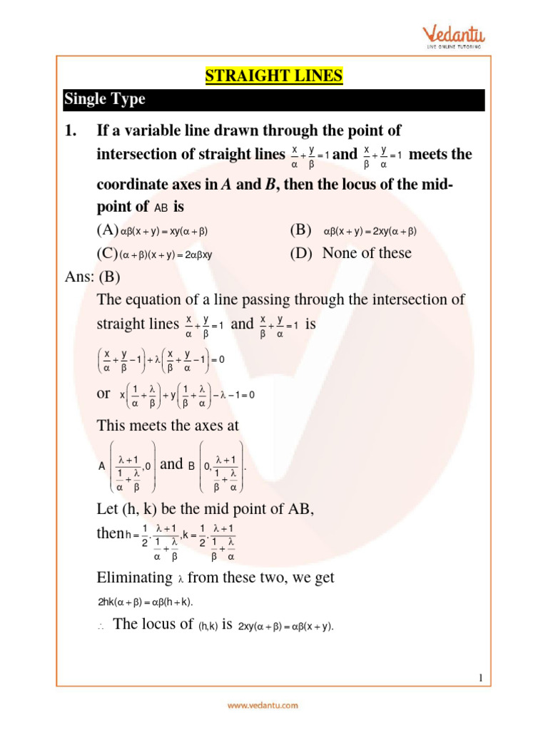JEE Advanced Straight Line Important Questions | PDF | Triangle | Mathematical Objects