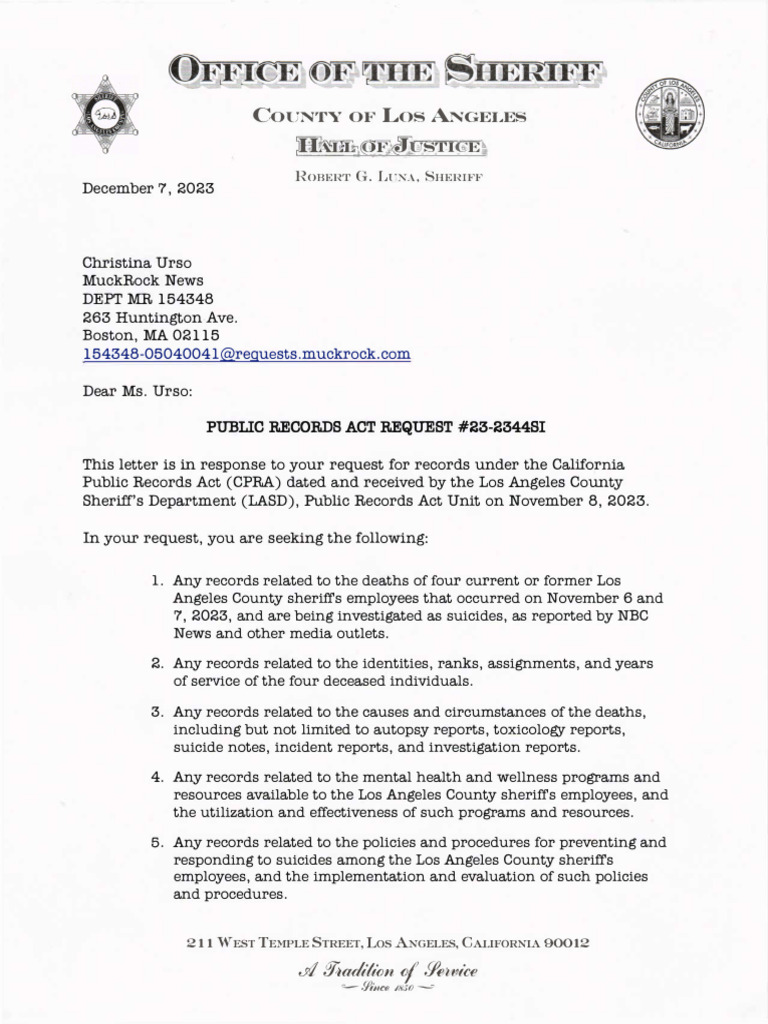 FOIA DENIAL by LA County Sheriff's Office on Four LA County Sheriffs Officials Found Dead in ...