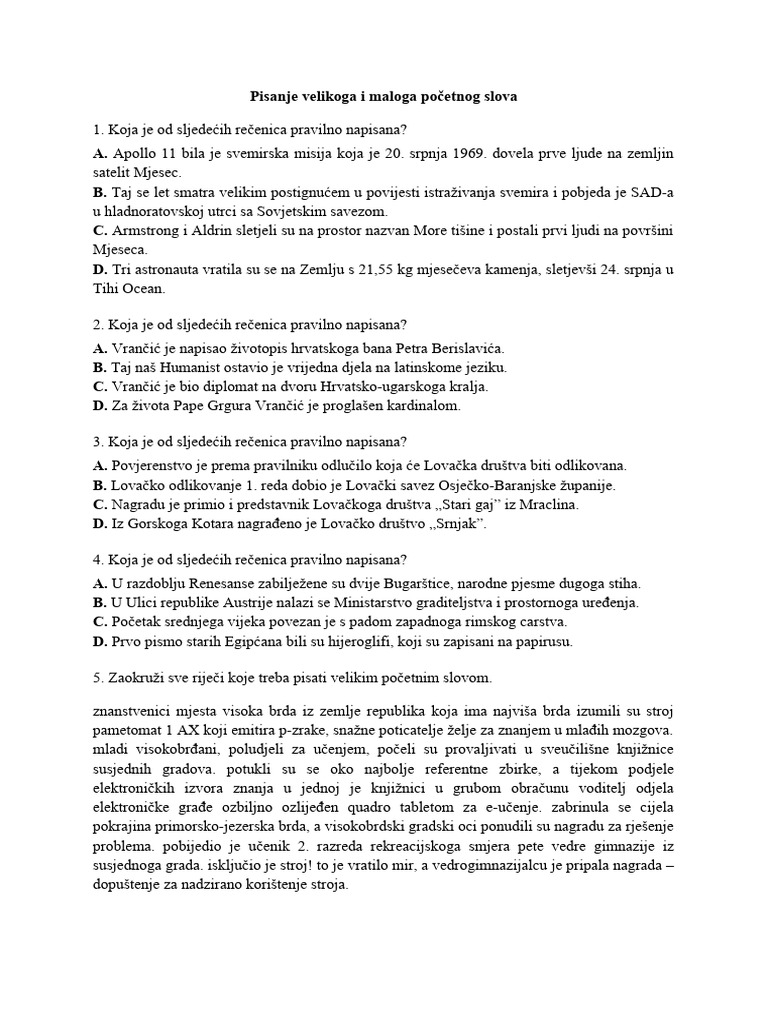 Pisanje Velikoga I Maloga Pocetnog Slova - Zadatci | PDF