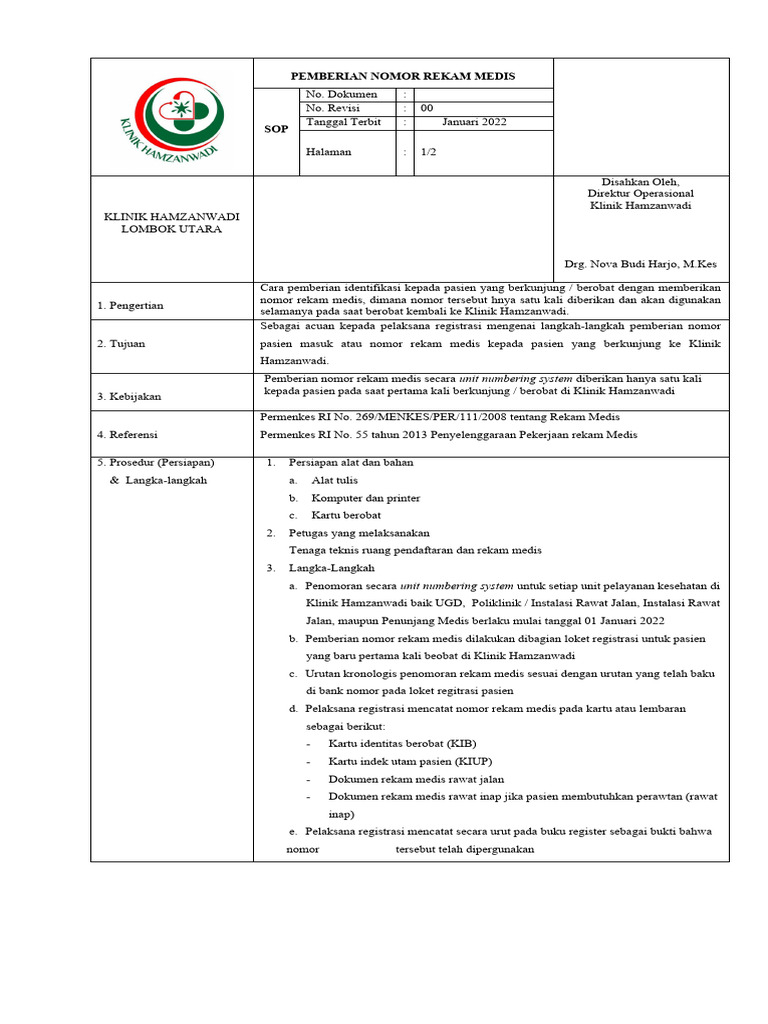 SOP Pemberian Nomor Rekam Medis | PDF