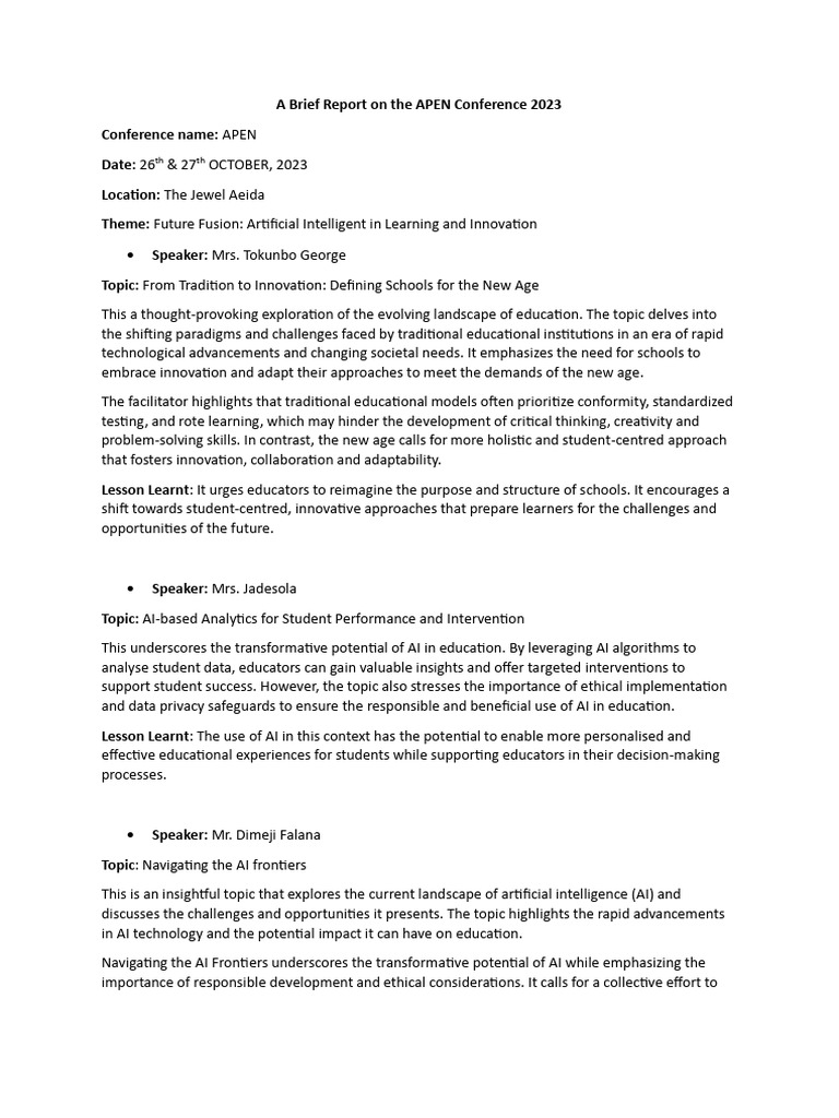 Apen Conference Report | PDF | Learning | Artificial Intelligence