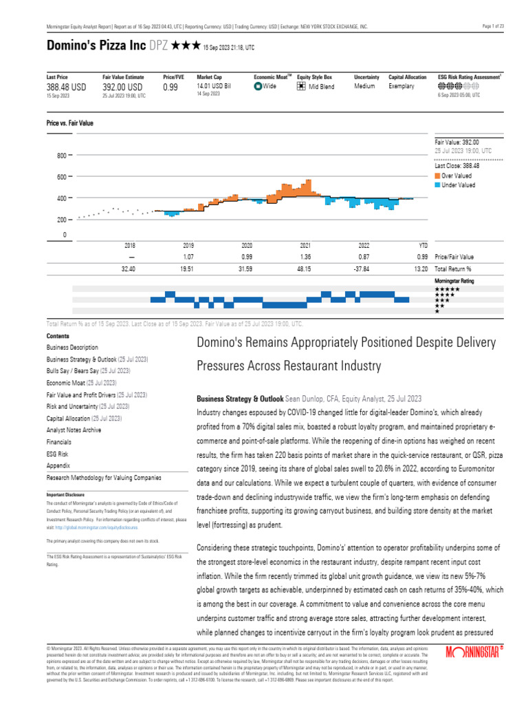 Domino Pizza's Morningstar Report | PDF | Franchising | Stocks