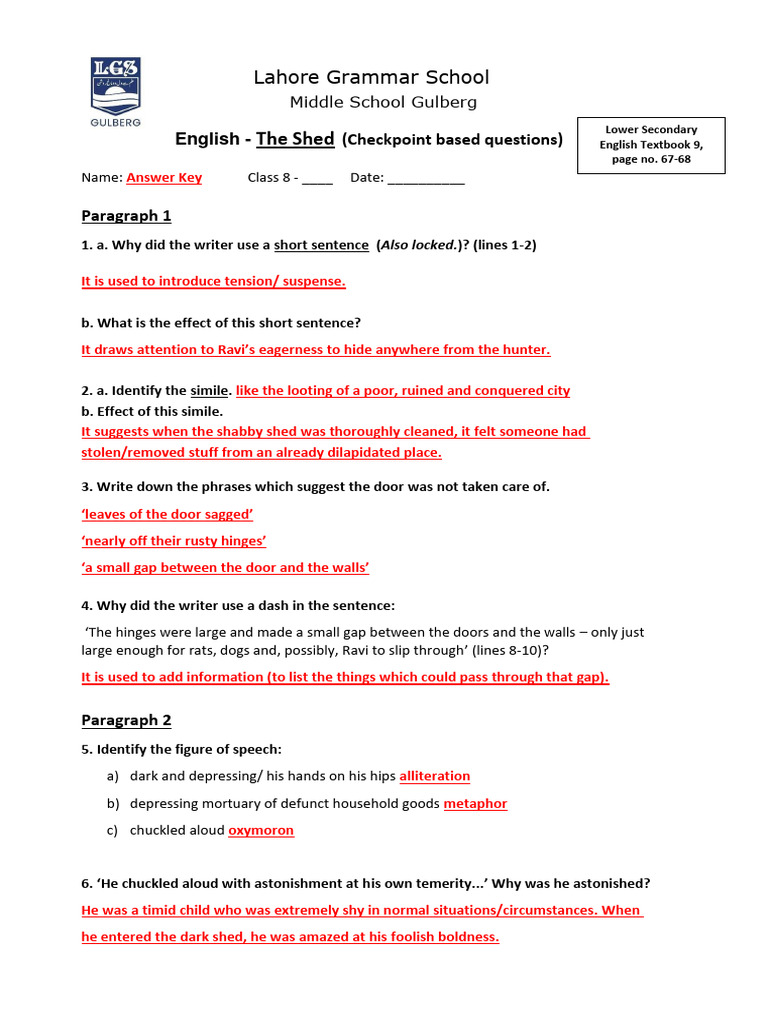The Shed: Class 8 Question Guide | PDF | Sentence (Linguistics) | Grammar