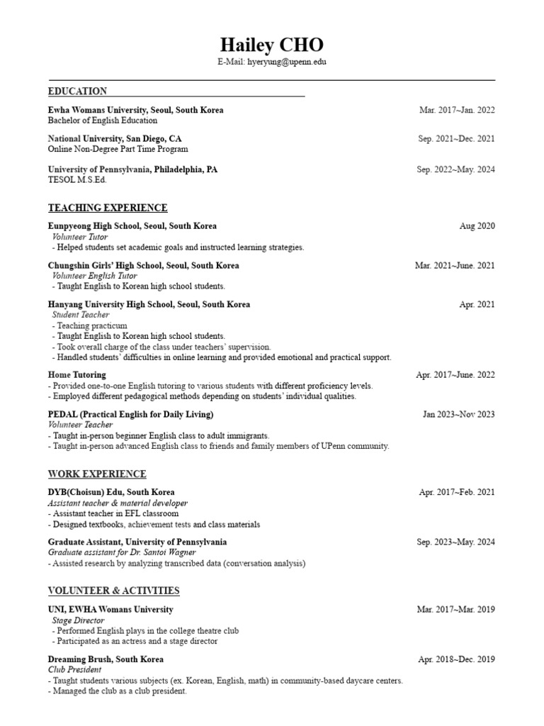 Resume Hailey Cho | PDF | English As A Second Or Foreign Language ...