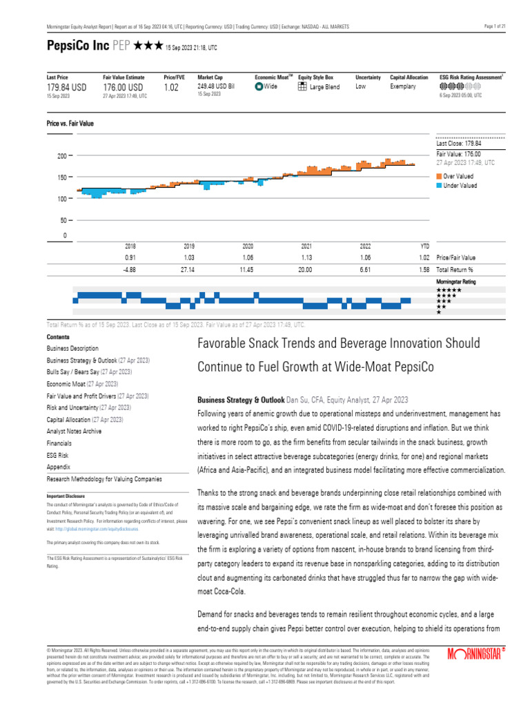 Pepsico Morningstar Report | PDF | Pepsi Co | Brand