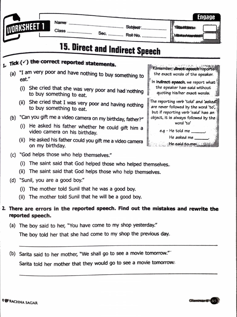 Direct and Indirect Speech Worksheet | PDF