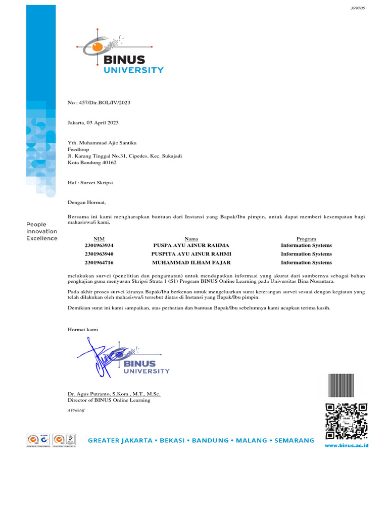 Surat Izin Penelitian Binus | PDF