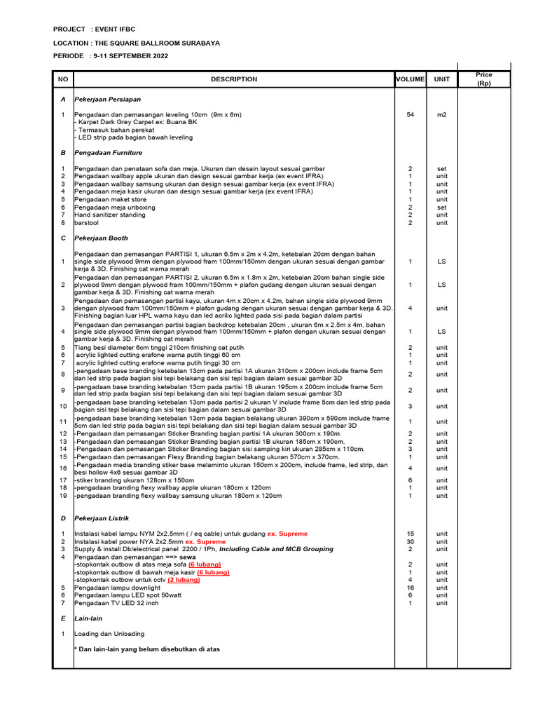 Boq Event Ifbc Surabaya 2022 | PDF | Griya & Taman