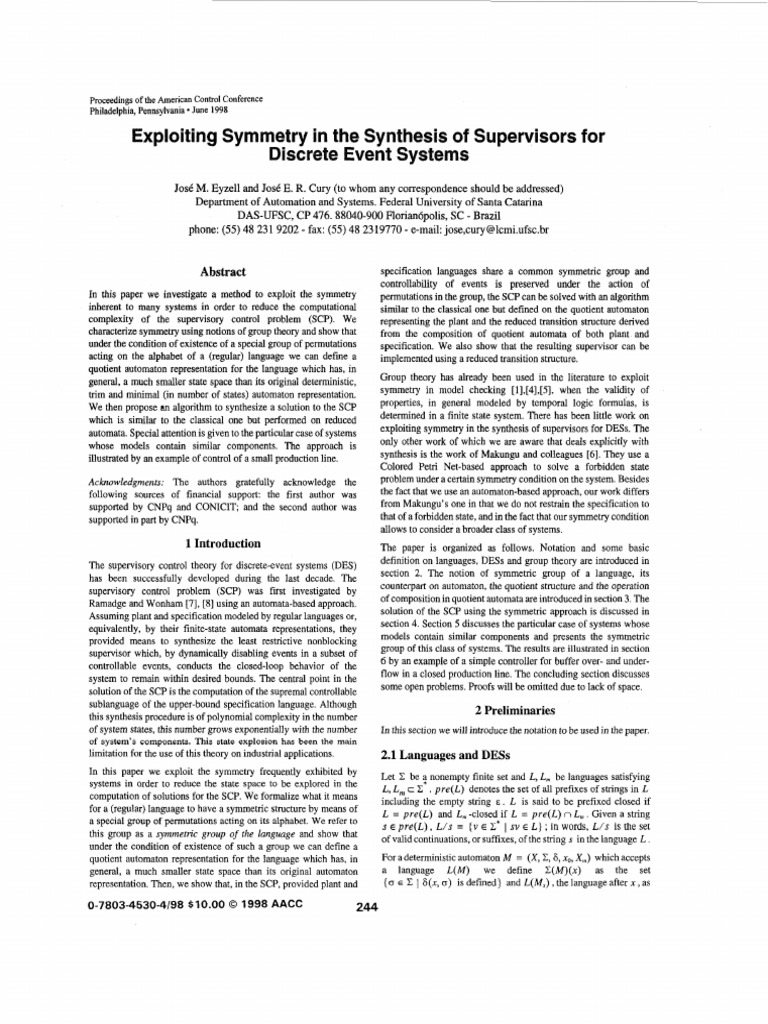 Exploiting Symmetry in The Synthesis of Supervisors For Discrete Event Systems | PDF | Group ...