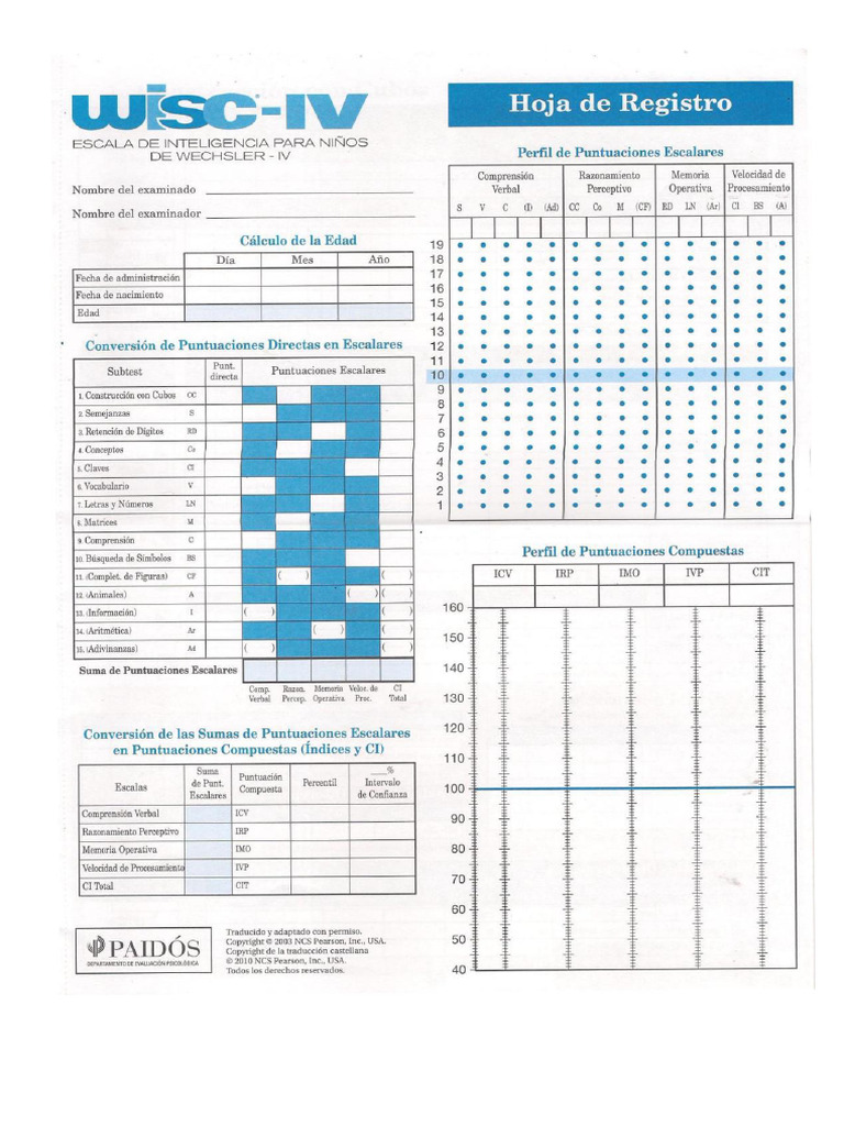 Protocolo Wisc - Hoja de Registro | PDF