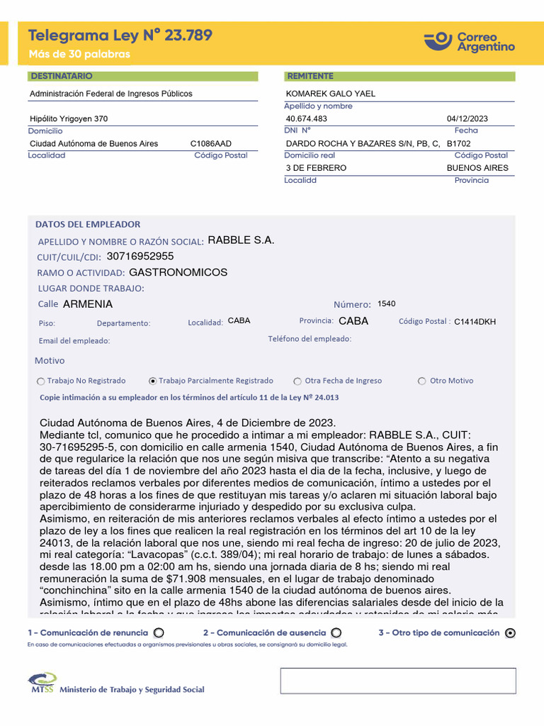 Telegrama Ley 23789 - Comunicación A AFIP Copia de Intimación Artículo ...