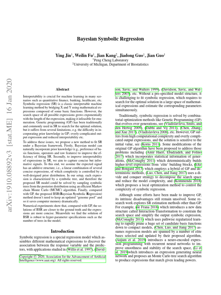 Bayesian Symbolic Regression: Ying Jin, Weilin Fu, Jian Kang, Jiadong ...