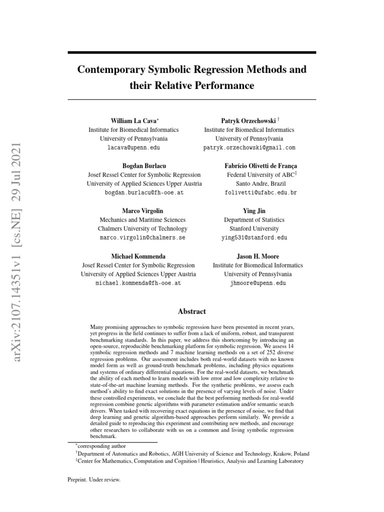 Contemporary Symbolic Regression Methods and Their Relative Performance | PDF | Mathematical ...