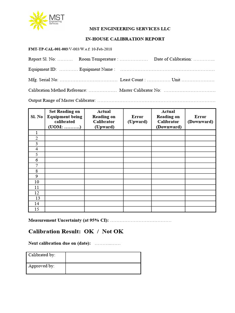 FMT-TP-CAL-001-003 In-house Calibration Report | PDF