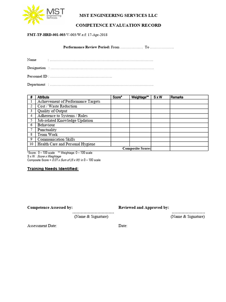 FMT-TP-HRD-001-003 Competence Evaluation Record | PDF