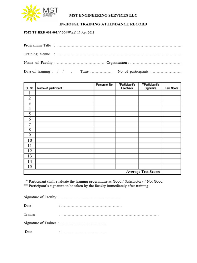 FMT-TP-HRD-001-005 In-House Training Attendance Record | PDF