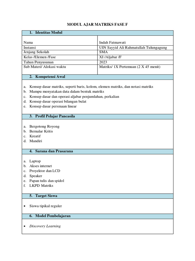 Modul Ajar Matriks Fase F | PDF | Metode & Bahan Ajar | Seni