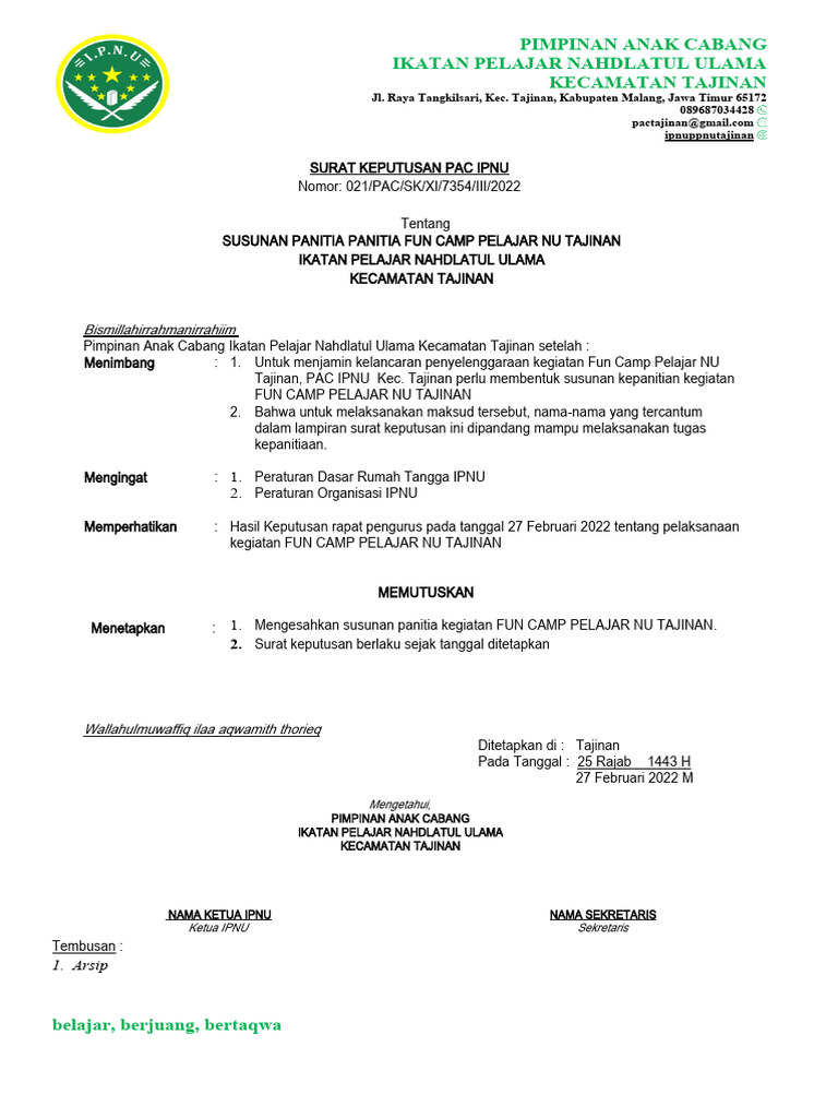 Contoh Surat Keputusan Kepanitiaan (Ipnu) | PDF