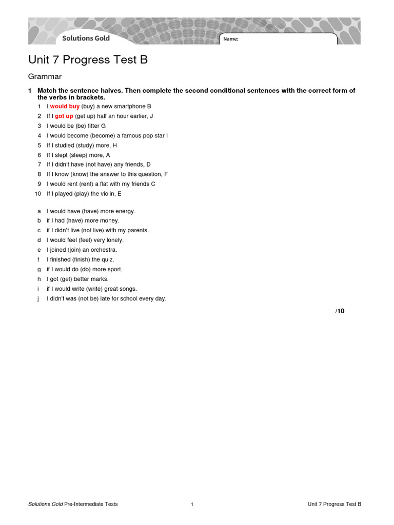 Solutions Gold Pre-Int Progress Test Unit 7 B | PDF