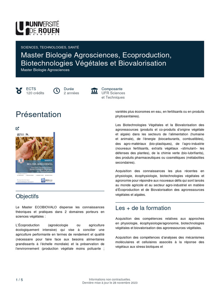 Master Biologie Agrosciences, Ecoproduction, Biotechnologies Végétales Et Biovalorisation | PDF