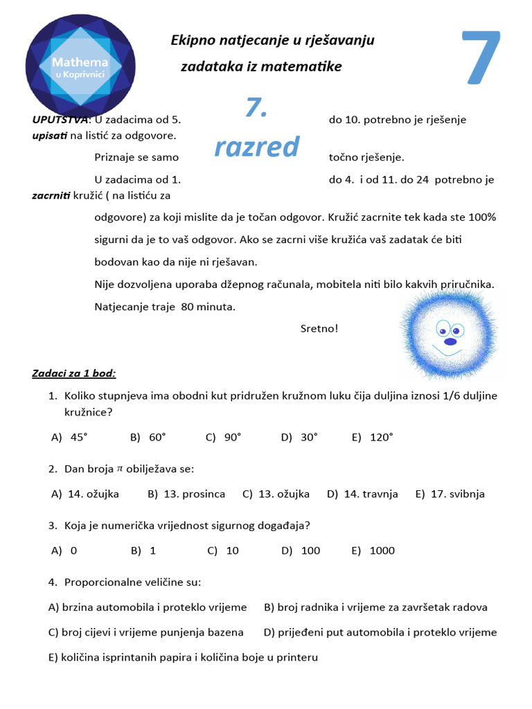 2016 Mathema OS 7 Razred ZADACI | PDF