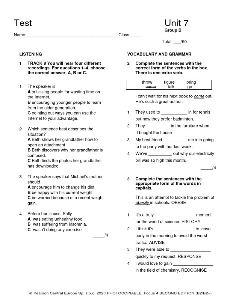 Focus4 2E Test Unit7 GroupB 2kol | PDF