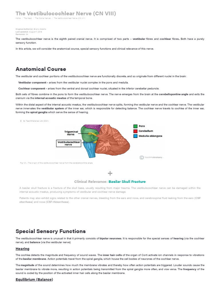 The_Vestibulocochlear_Nerve_CN_VIII_Balance_Hearing_TeachMeAnatomy | PDF