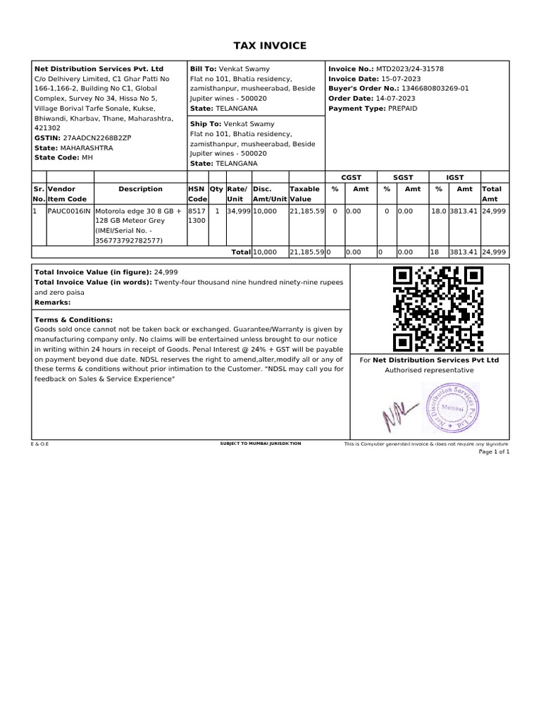 Moto Bill | PDF | Invoice | Taxation