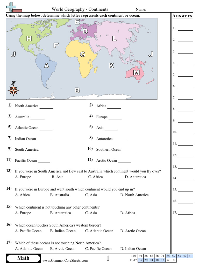 World Geography Continents Worksheet | PDF | Continent | North America