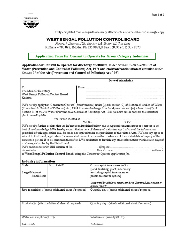 Consent to Operate Application Form | PDF | Water And Politics | Pollution
