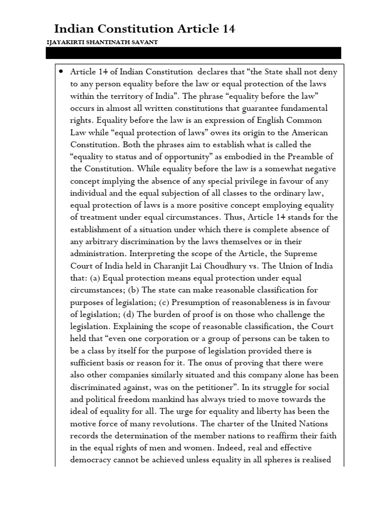 Article 14 Of Indian Constitution Jk Pdf Equal Protection Clause