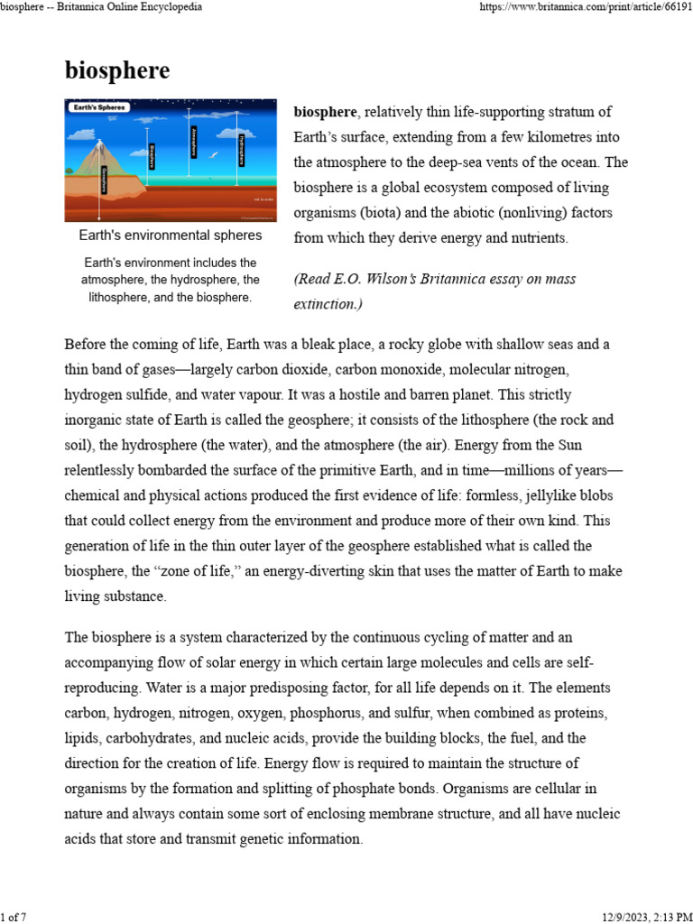 Biosphere - Britannica Online Encyclopedia | PDF | Ecosystem | Life