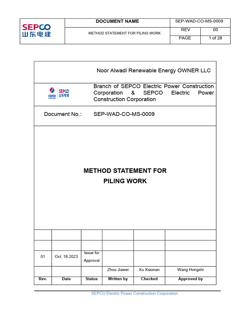 SEP-WAD-CO-MS-0009 Method Statement For Piling Work Rev.00 | PDF | Deep ...
