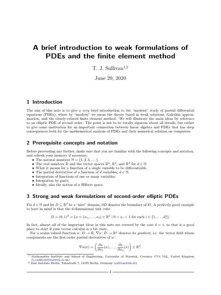 A Brief Introduction To Weak Formulations of Pdes and The Finite ...