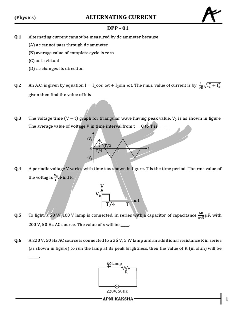 DPP - 01 - Alternating Current | PDF | Alternating Current | Inductor