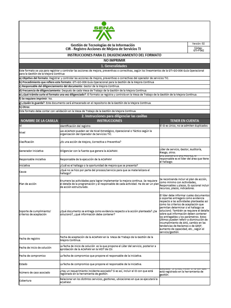 GTI-F-062 CIR - Registro Acciones de Mejora de Servicios TI | PDF | Planificación | Informática