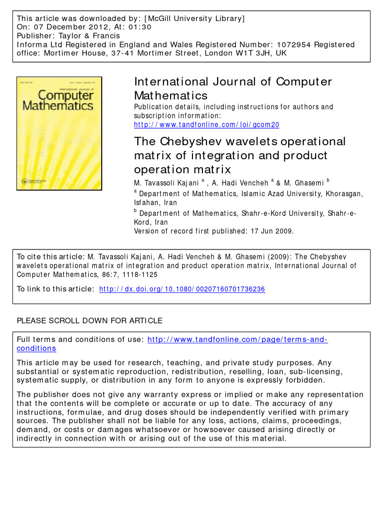 The Chebyshev Wavelets Operational Matrix of Integration and Product ... The Chebyshev Wavelets Operational Matrix of Integration and Product ...