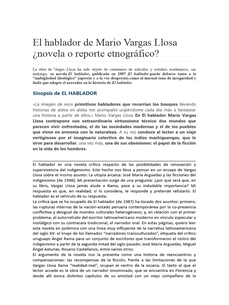 El Hablador de Mario Vargas Llosa | PDF