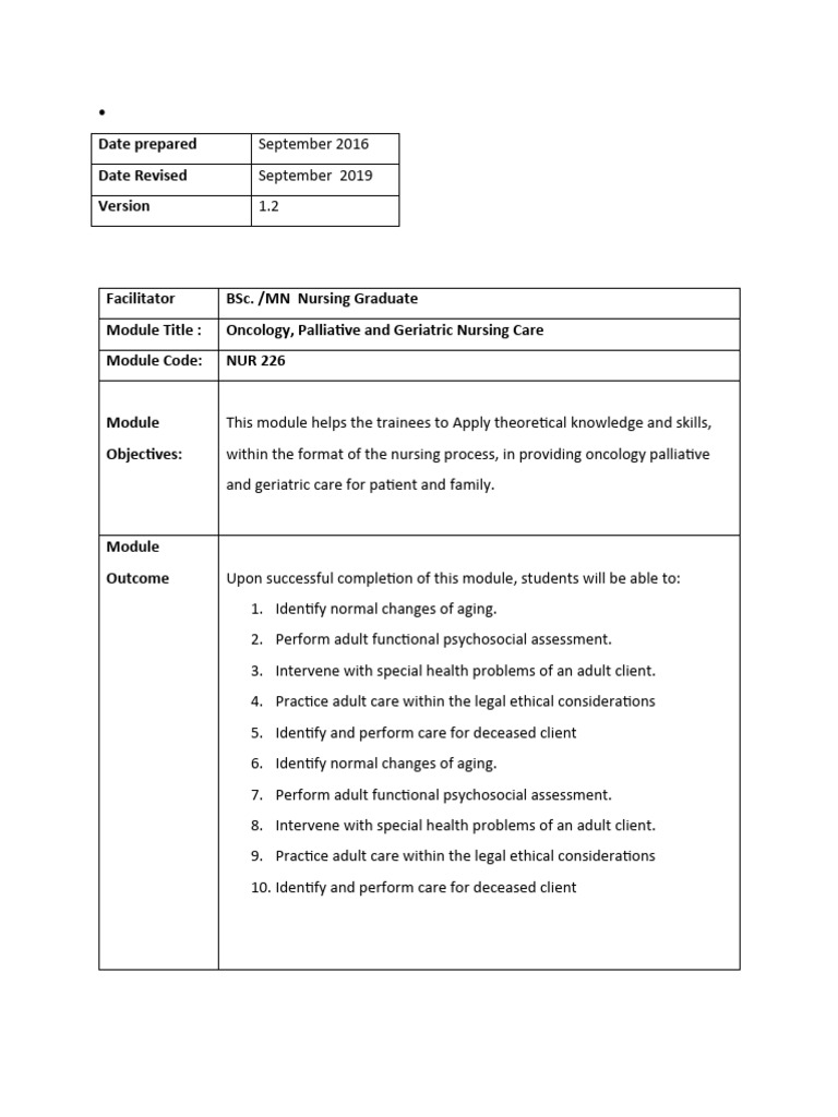 Oncology and Geriatric Nursing Care Module | PDF | Cancer | Oncology