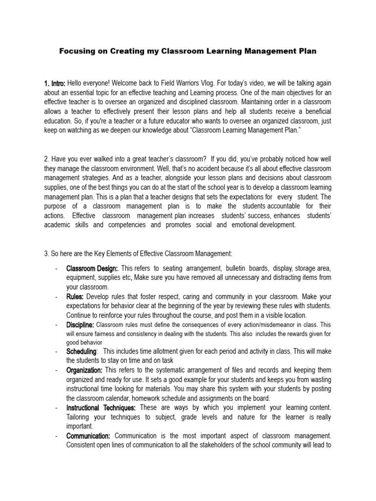 Focusing On Creating My Classroom Learning Management Plan | Download ...