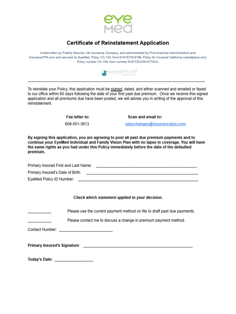 EyeMed Reinstatement Application Guide | PDF | Business | Finance ...
