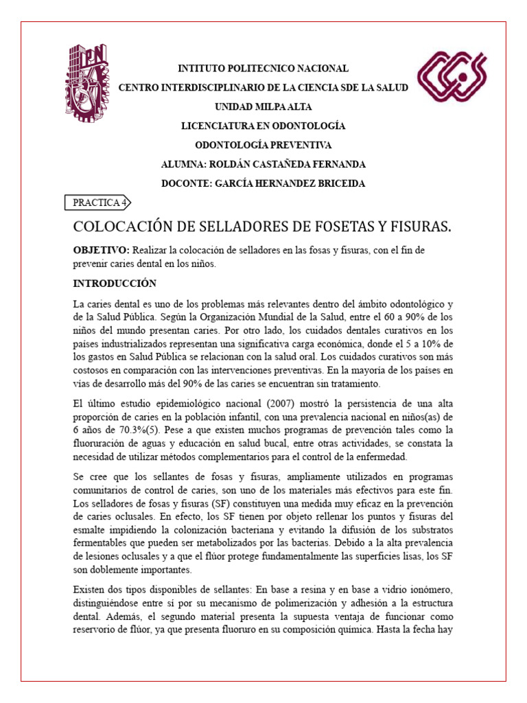 Colocación de Selladores de Fosetas y Fisuras. | PDF | Odontología | Diente