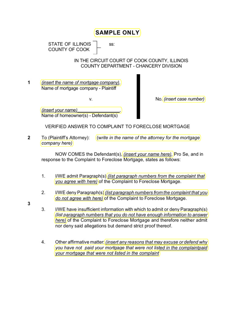 Sample Foreclosure Answer | PDF | Foreclosure | Complaint