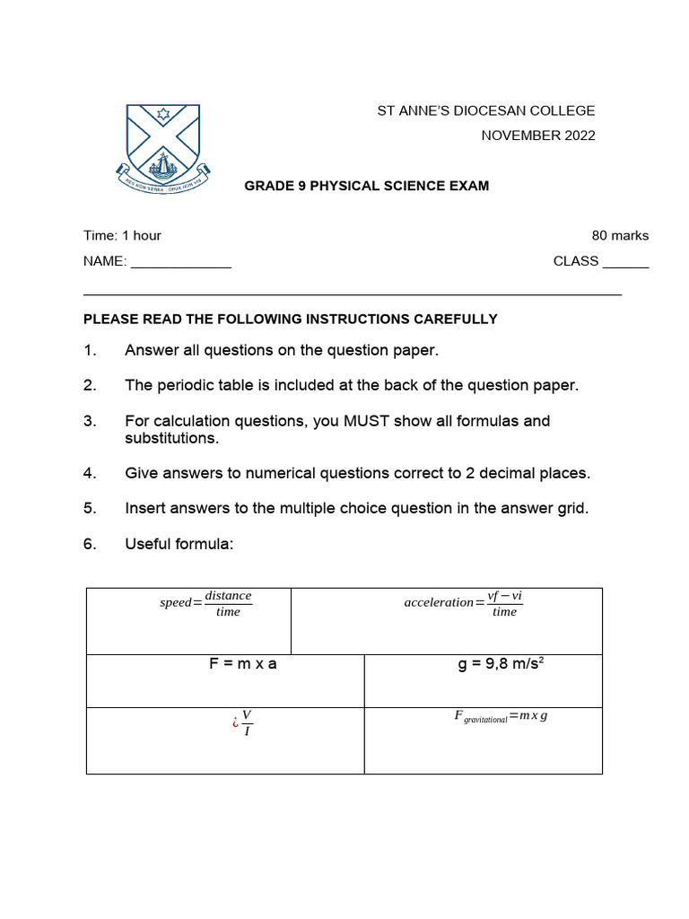G9 PHSC FINAL EXAM 2022 Final | PDF | Chemistry | Force