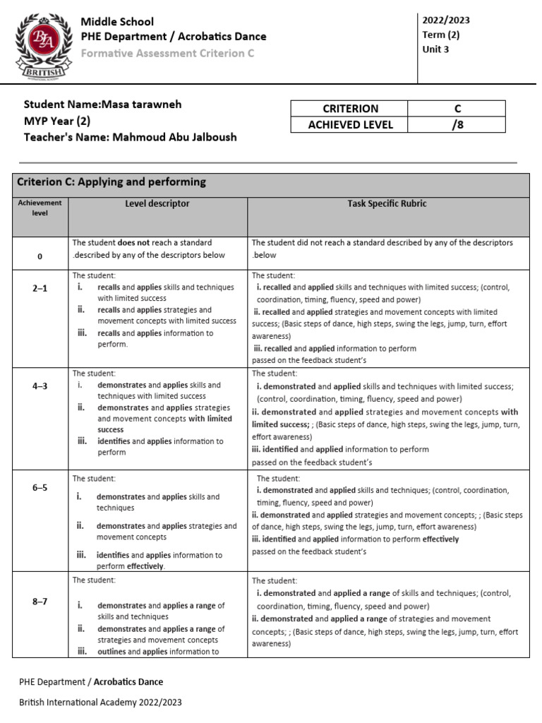 BIA MYP PHE Year2 Unit3 FA Criterion C | PDF
