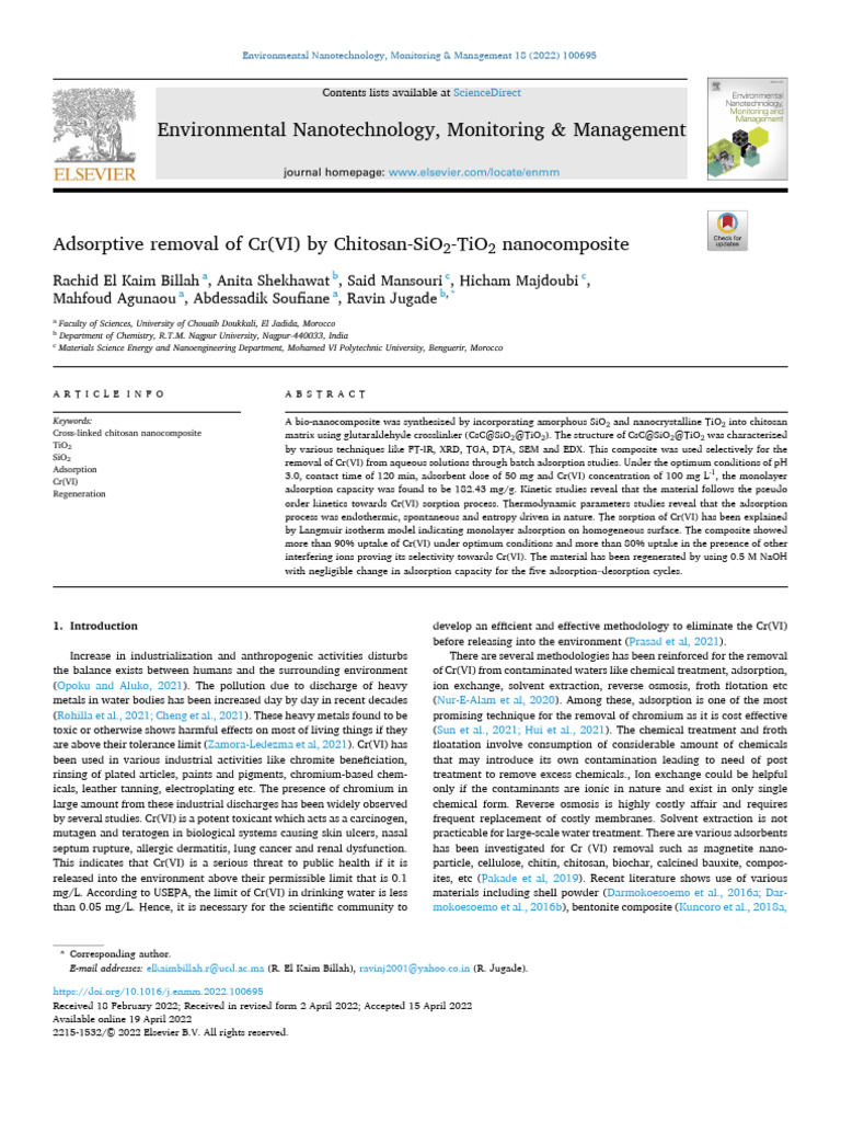 Adsorptive Removal of CR (VI) by Chitosan-SiO2-TiO2 Nanocomposite | PDF | Adsorption | Chromium